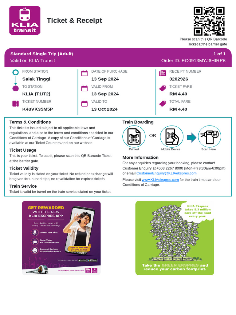 KLIA Transit Ticket Receipt Details | PDF | Public Transport