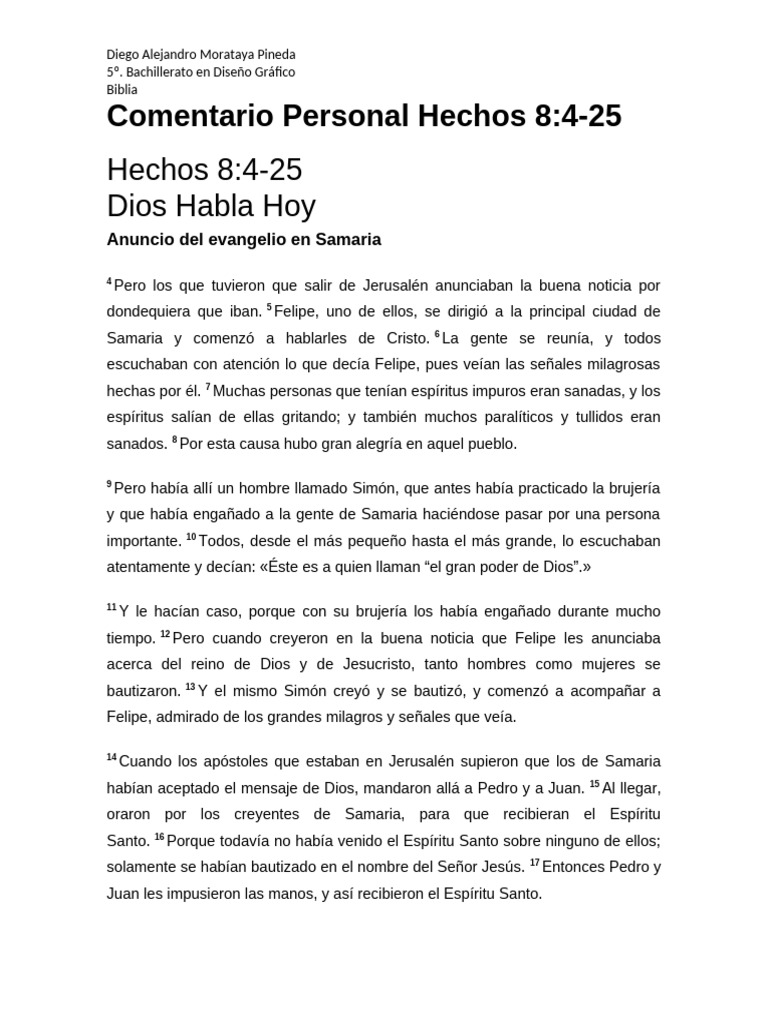 Comentario Personal Hechos 8 | PDF | San Pedro | Jesús