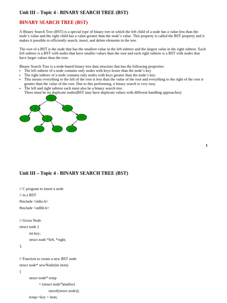 Unit III - Topic 4 - Binary Search Tree (BST) | PDF | Algorithms And Data Structures | Computer ...