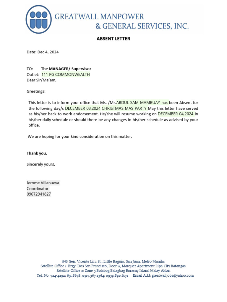 Abdul Sam Mambuay Absent Letter | PDF