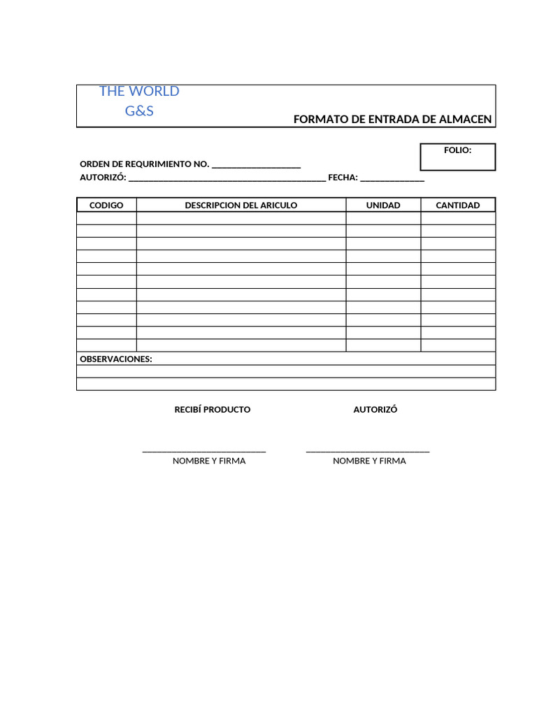 Formato de Entrada de Almacen | PDF