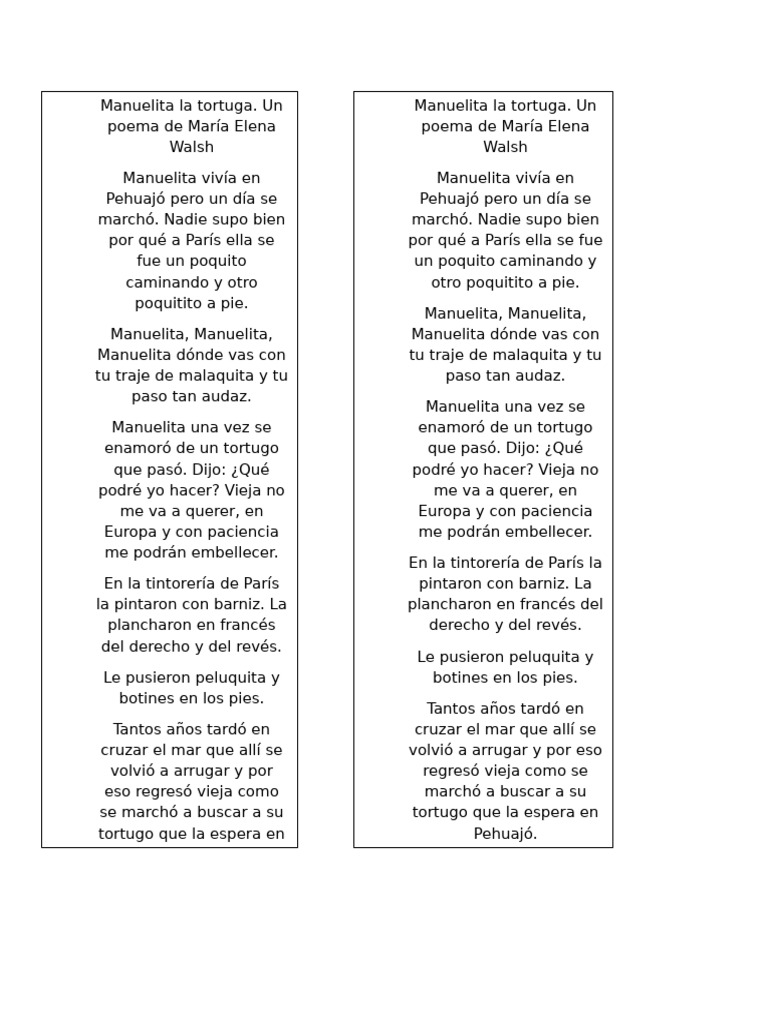 Letra de "Manuelita la tortuga" | PDF