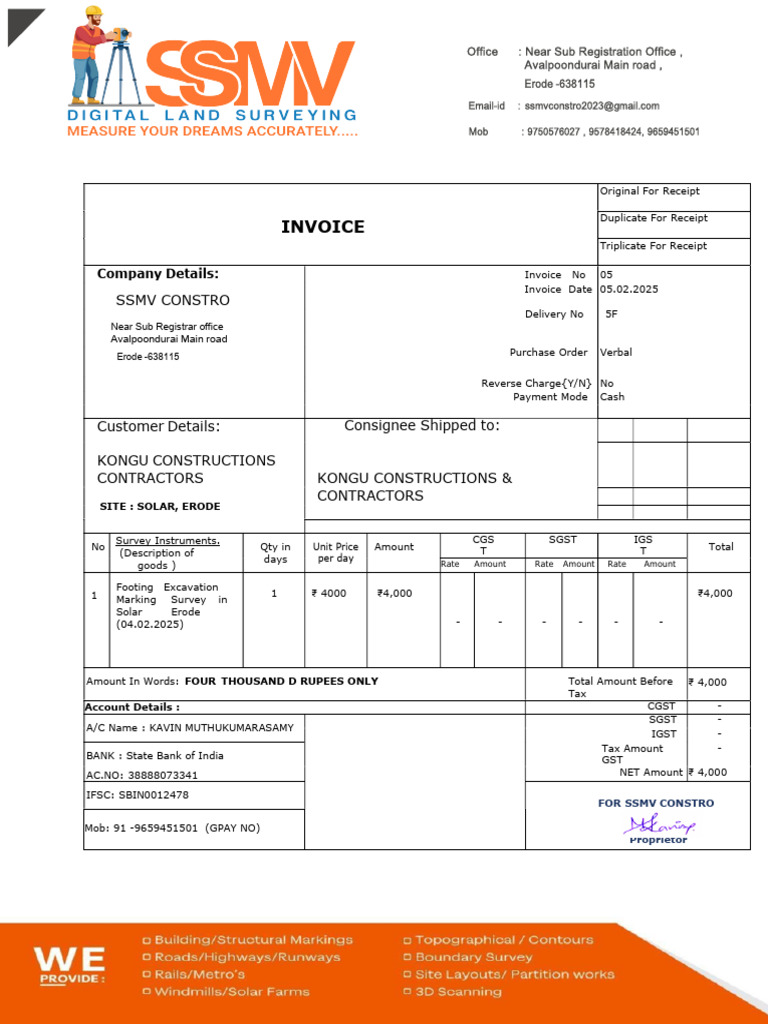 Survey Bill Kongu Constructions | PDF | Receipt | Government Finances