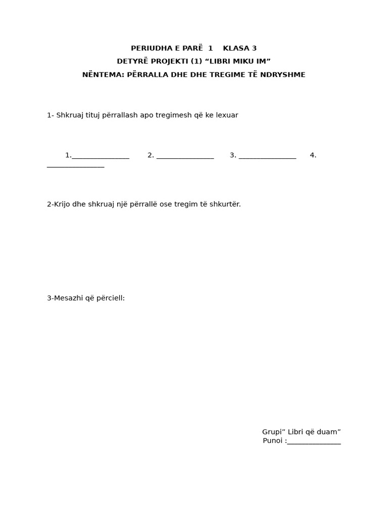 Periudha E Parë 1 Klasa 3 Detyrë Projekti (1) "Libri Miku Im" Nëntema ...