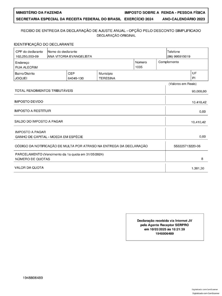 Declaração Irpf Ana Vitória PDF | PDF