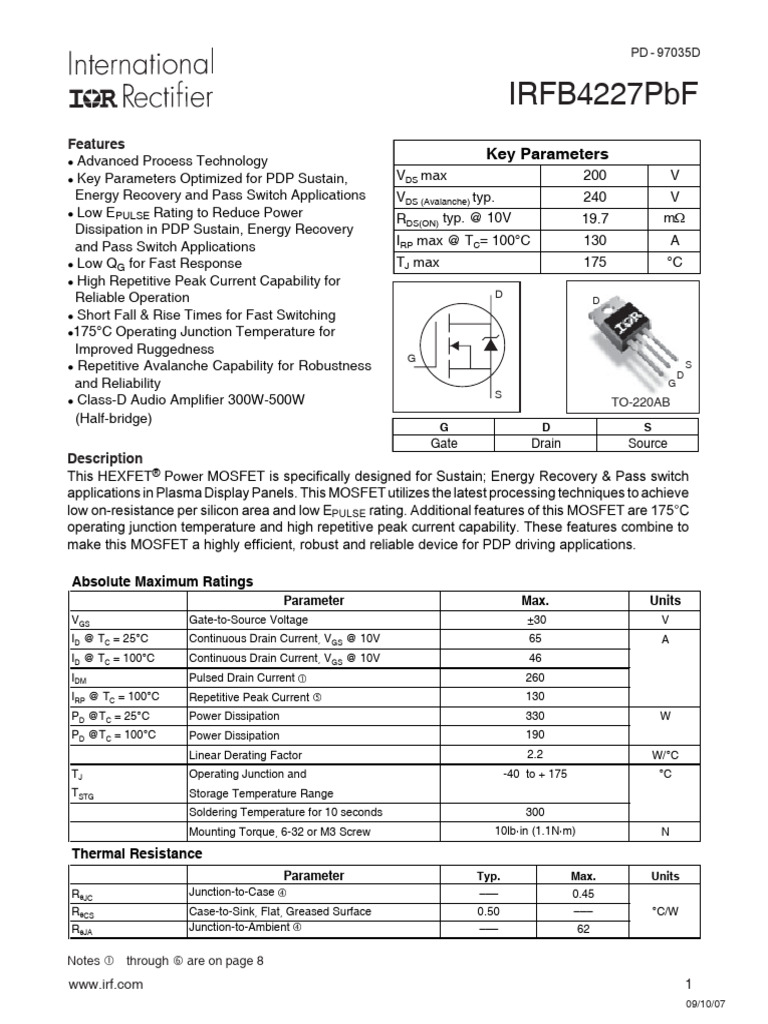 Infineon_IRFB4227_DataSheet_v01_01_EN-3362990 | PDF | Mosfet | Field Effect Transistor