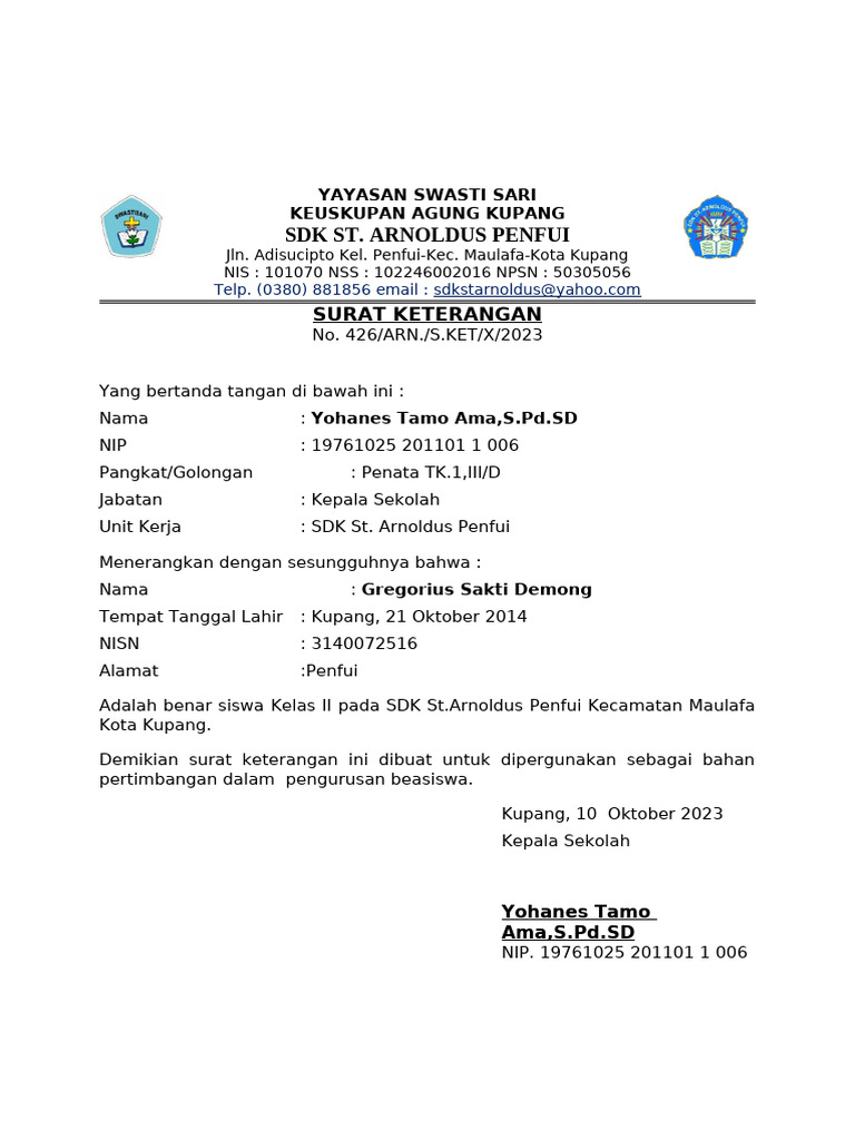 Surat Keteranagan Siswa Atif | PDF