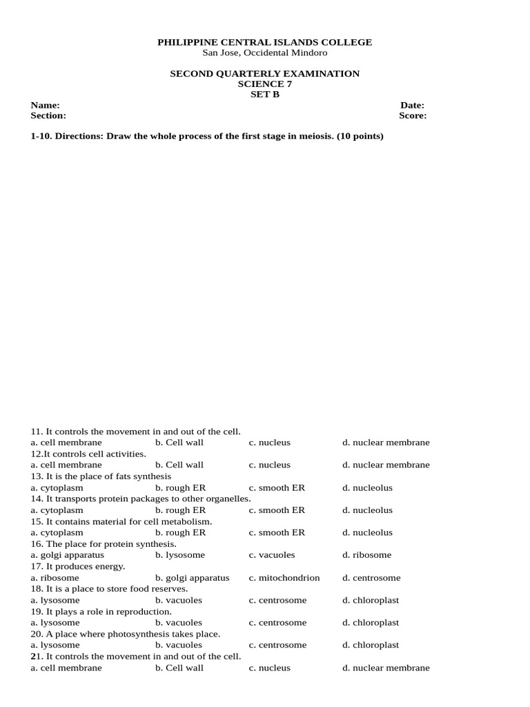 Science 7 Quarter 2 Examination Set B | PDF | Cell (Biology ...