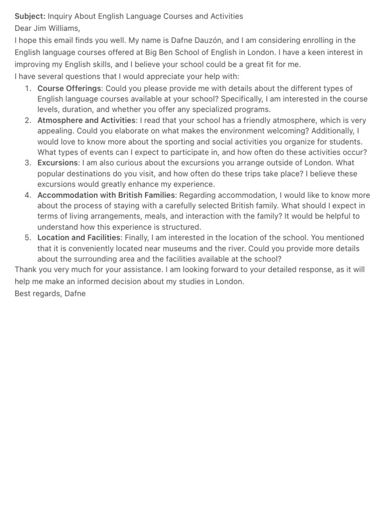 Inquiry on English Courses at Big Ben School | PDF