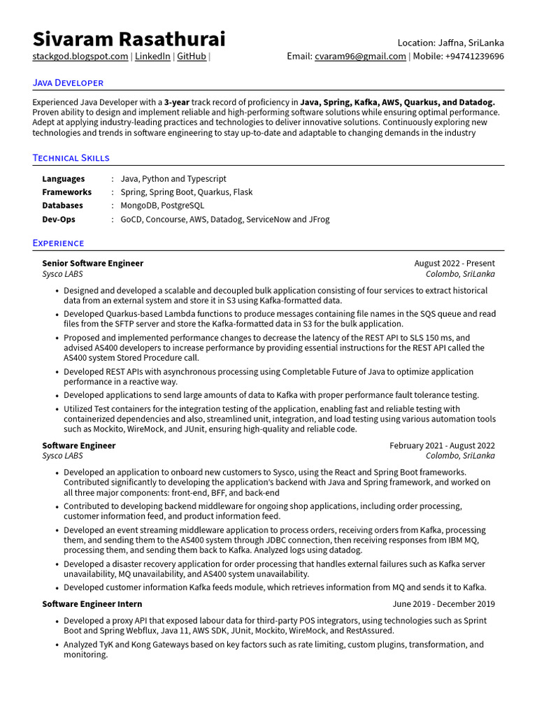 Sysco Labs Java Developer Profile | PDF | Computing | Software Engineering