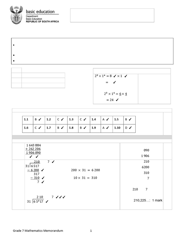 Grade 7 Math Test Memorandum | PDF | Elementary Geometry | Euclidean ...