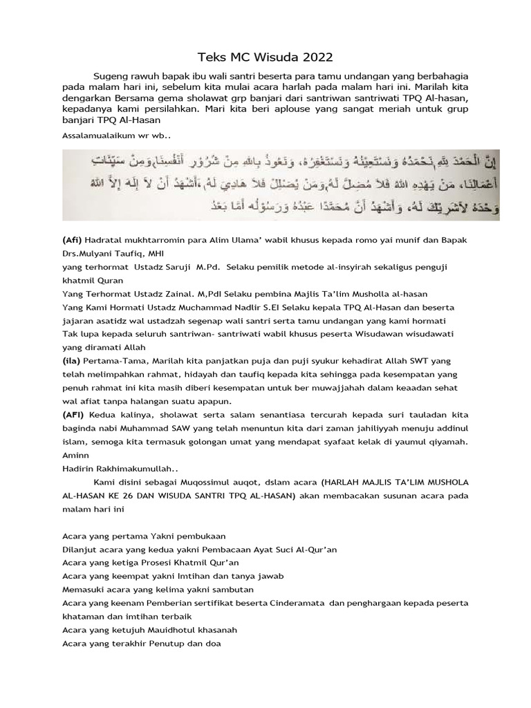 Teks MC Wisuda TPQ AL Hasan 2022 | PDF