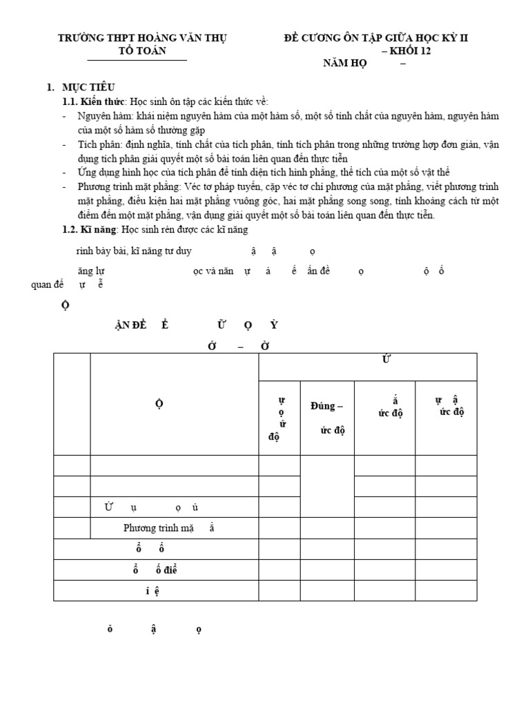 De Cuong Giua Hoc Ky 2 Toan 12 Nam 2024 2025 Truong THPT Hoang Van Thu Ha Noi | PDF