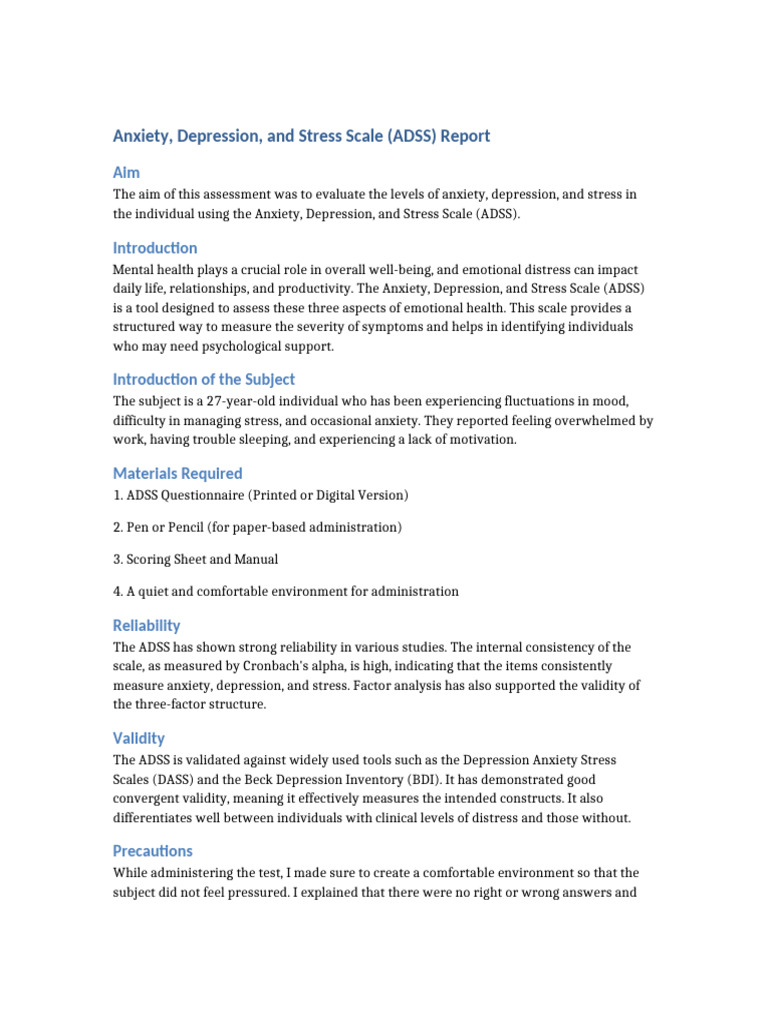 ADSS Assessment Results and Insights | PDF | Major Depressive Disorder ...