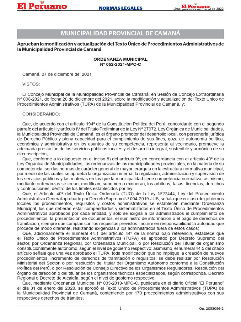 Tupa MPC 2020 Actualizado Con O.M. 052-2021-MPC | PDF | Gobierno local | Apelación