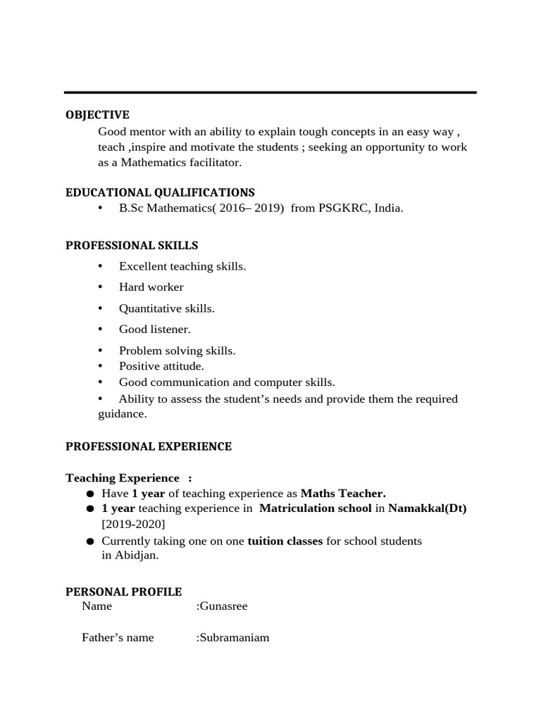 Mathematics Facilitator Resume | PDF