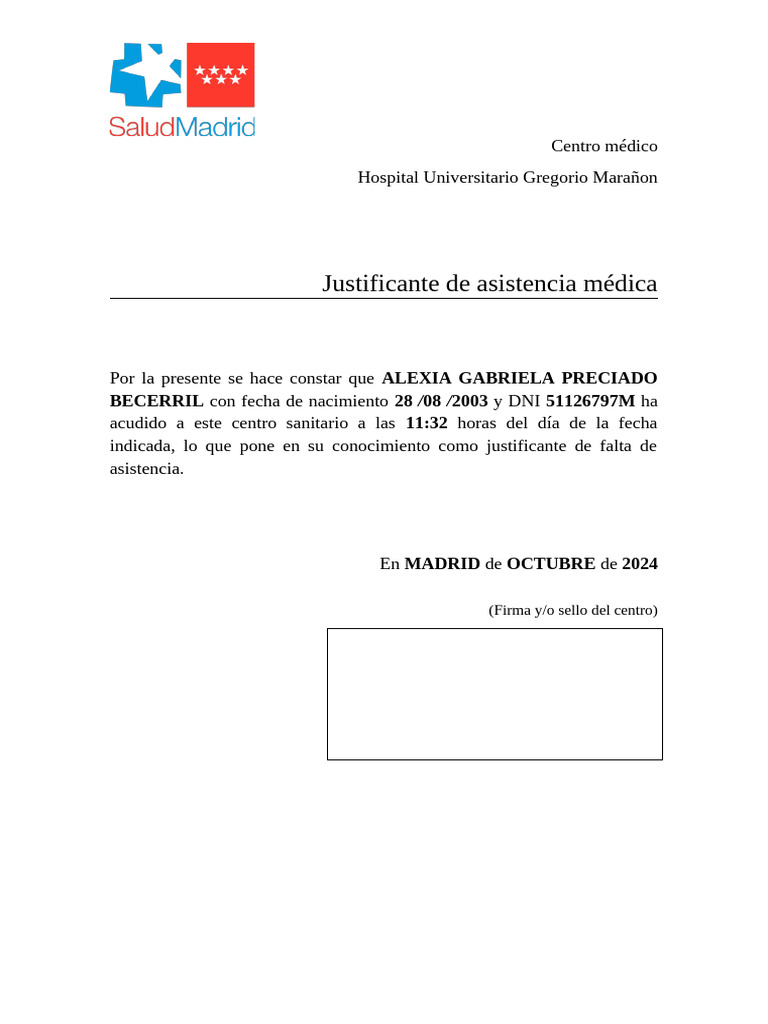 Plantilla Justificante Medico Madrid | PDF