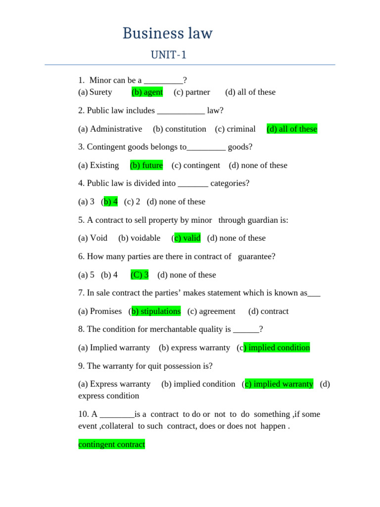 Business Law Concepts and Questions | PDF | Guarantee | Civil Law ...