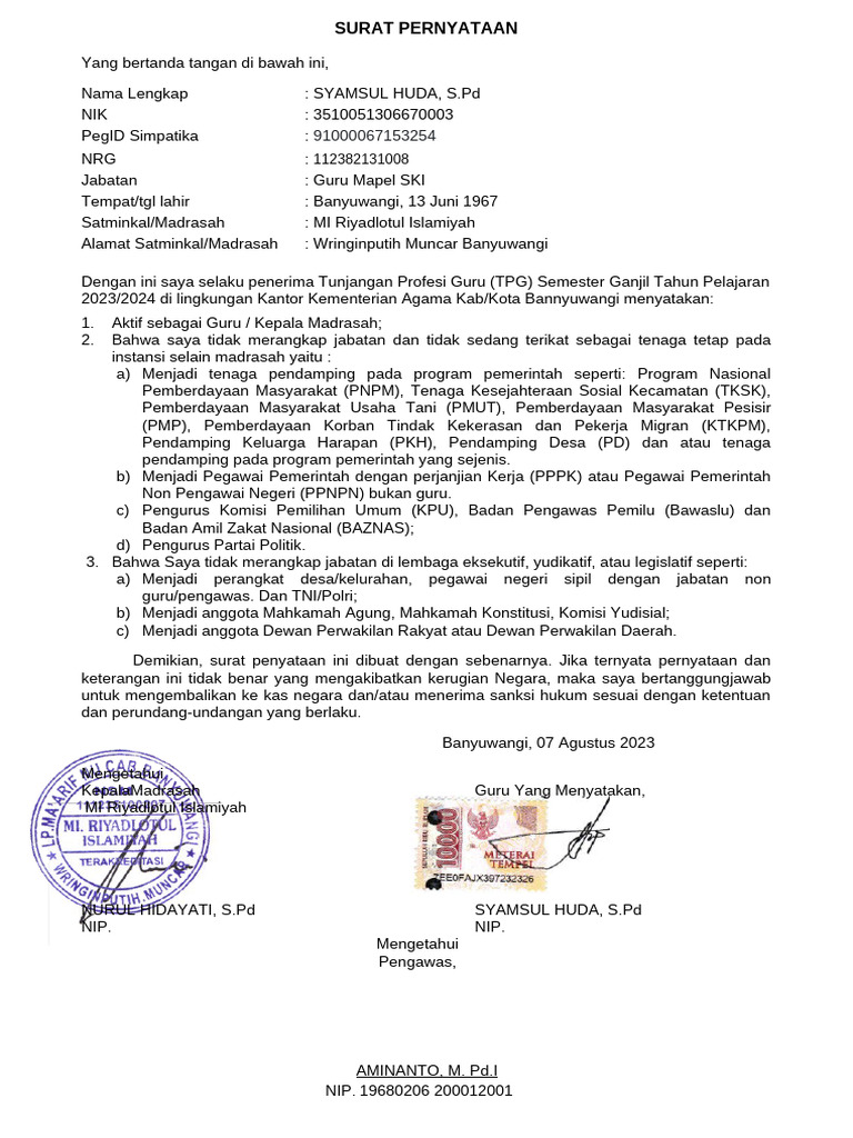 Lampiran Surat - Surat Pernyataan - SYAMSUL HUDA | PDF