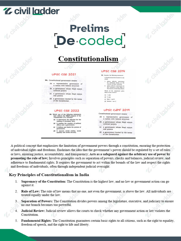 Prelims Decoded - Constitutionalism - Civil Ladder | PDF | Constitution ...