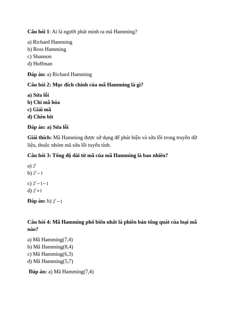 Câu hỏi mã hamming | PDF