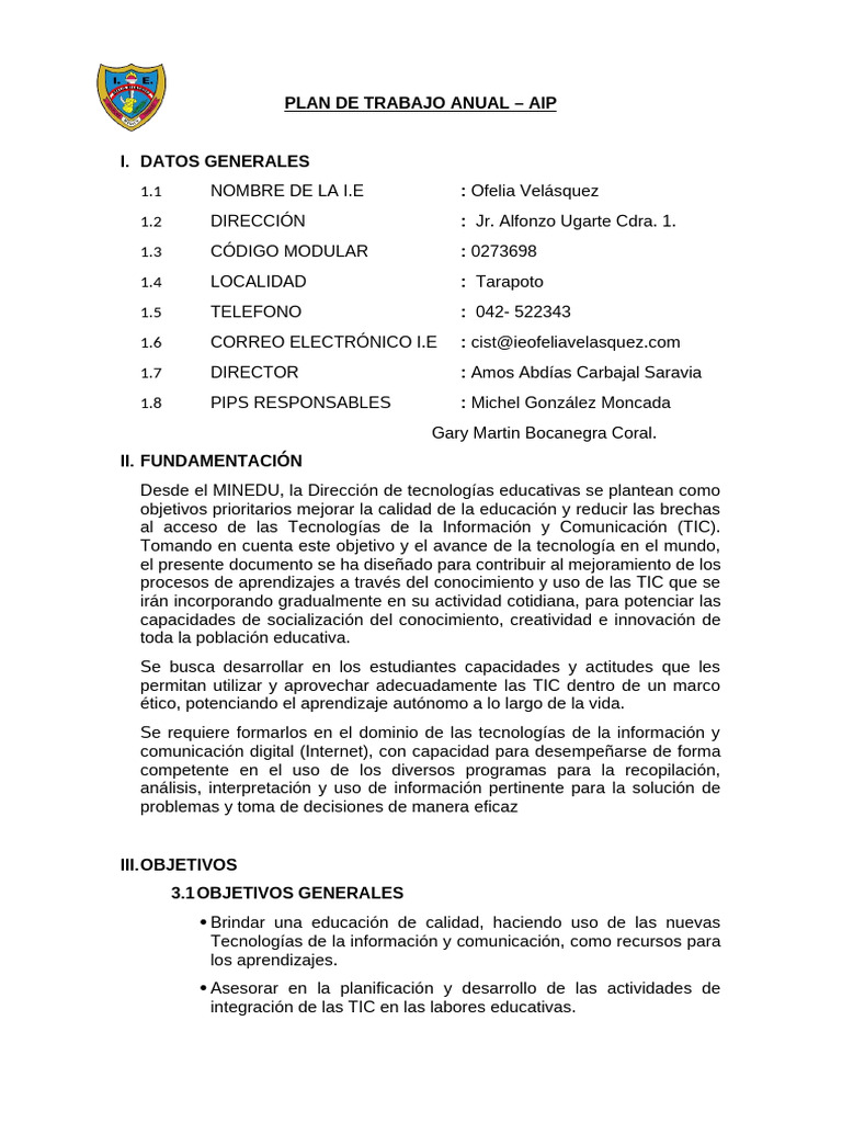 Plan de Trabajo Anual Aip 2025 | PDF | Enseñando | Salón de clases