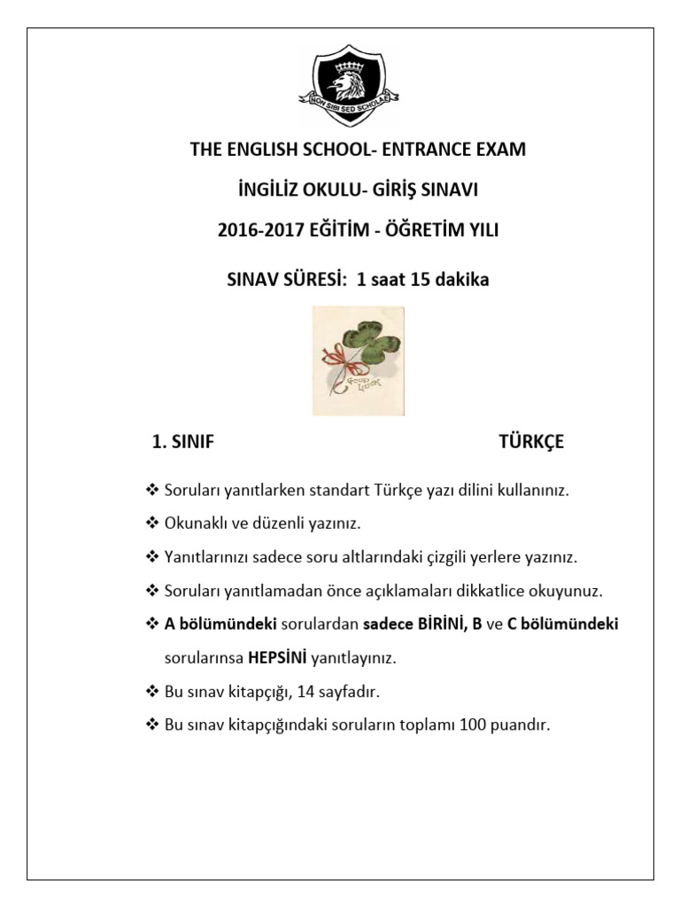 Entrance Exam Turkish 2016 | PDF