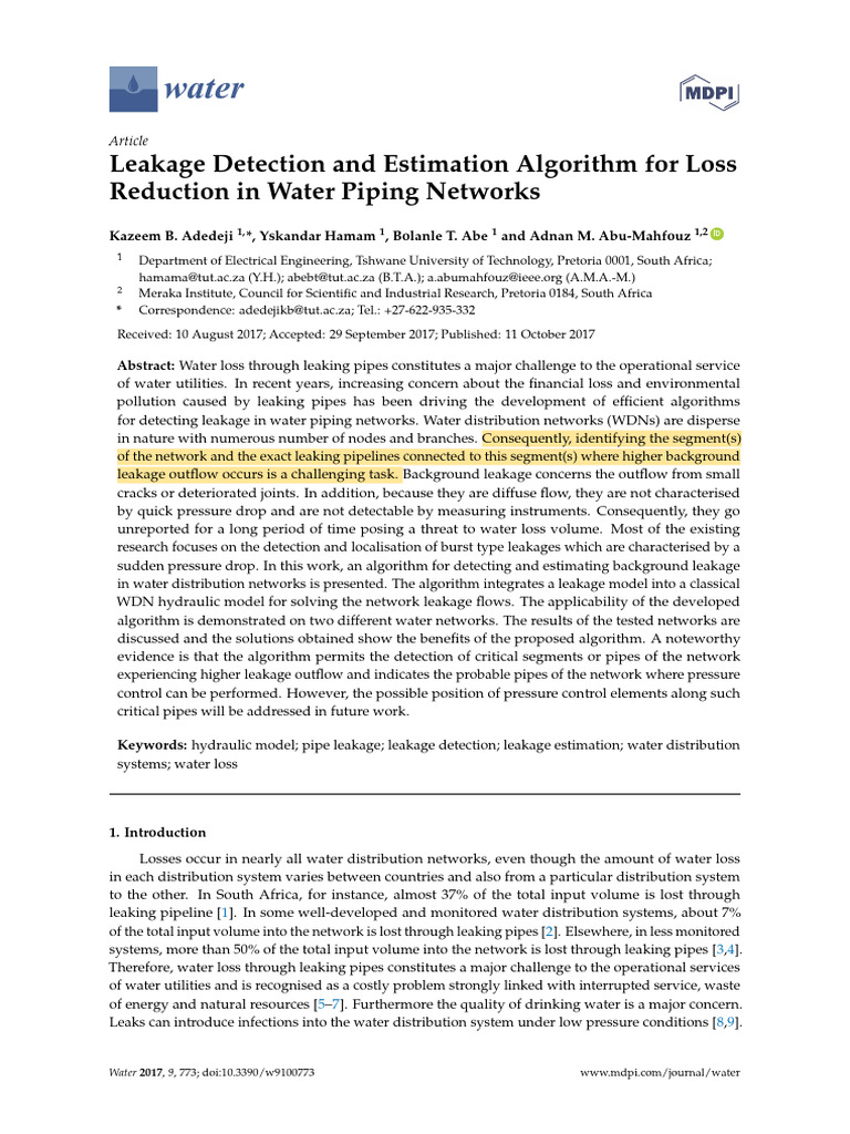 Leakage Detection and Estimation Algorithm for Loss Reduction in Water Piping Networks | PDF ...