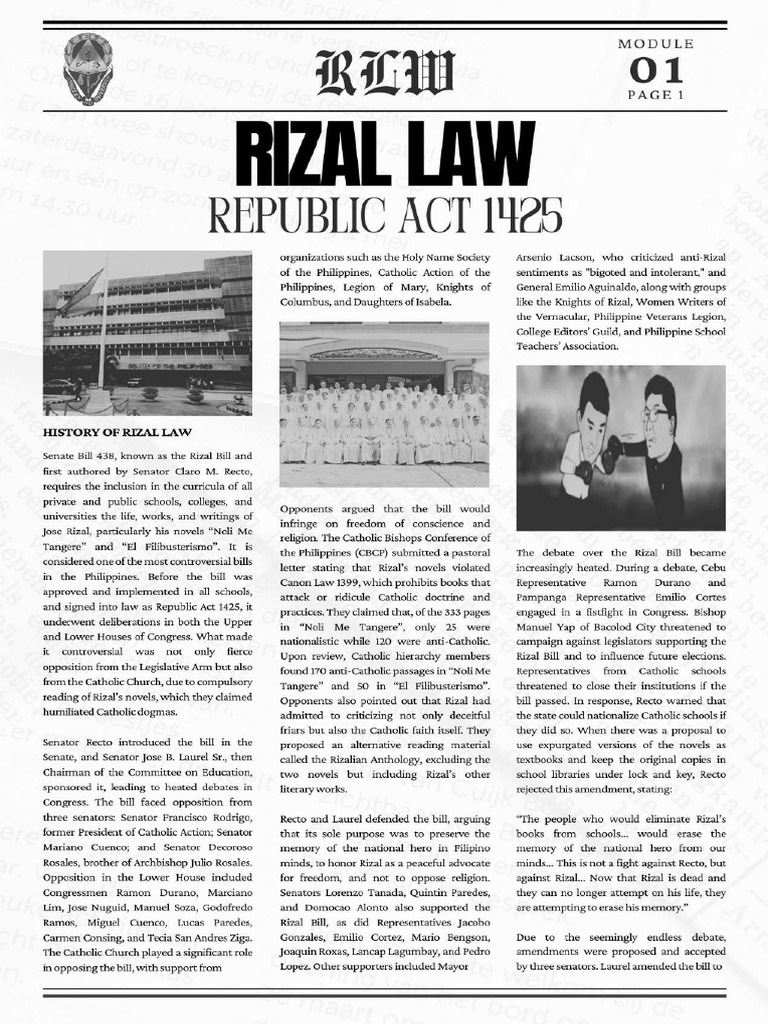 M1 - Republic Act 1425 (Rizal Law) | PDF