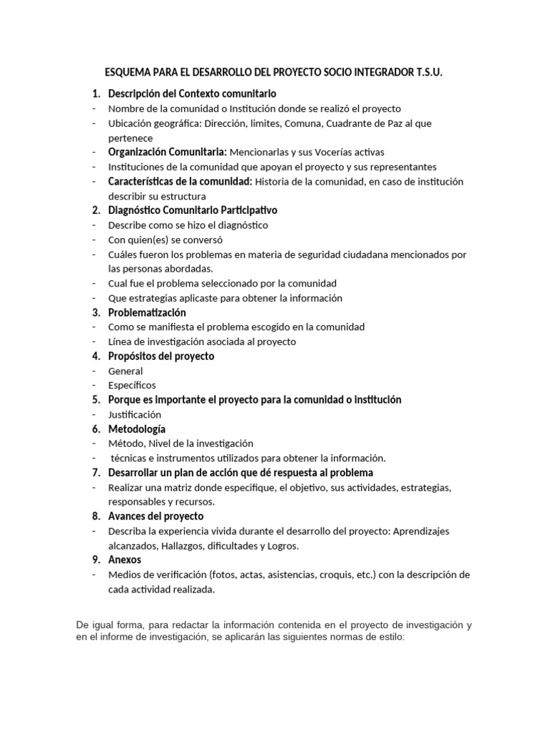 Esquema para El Desarrollo Del Proyecto Socio Integrador T S U | PDF
