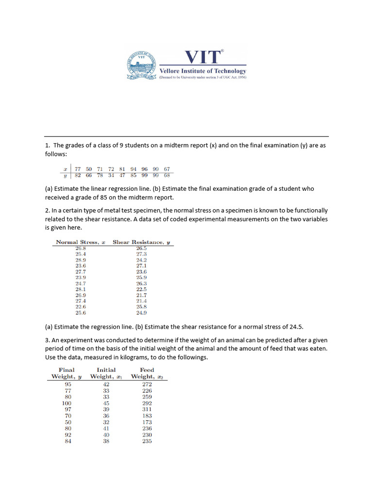 BMAT202L-PS Tutorial Sheet - Module 3 | PDF | Linear Regression | Multivariate Statistics