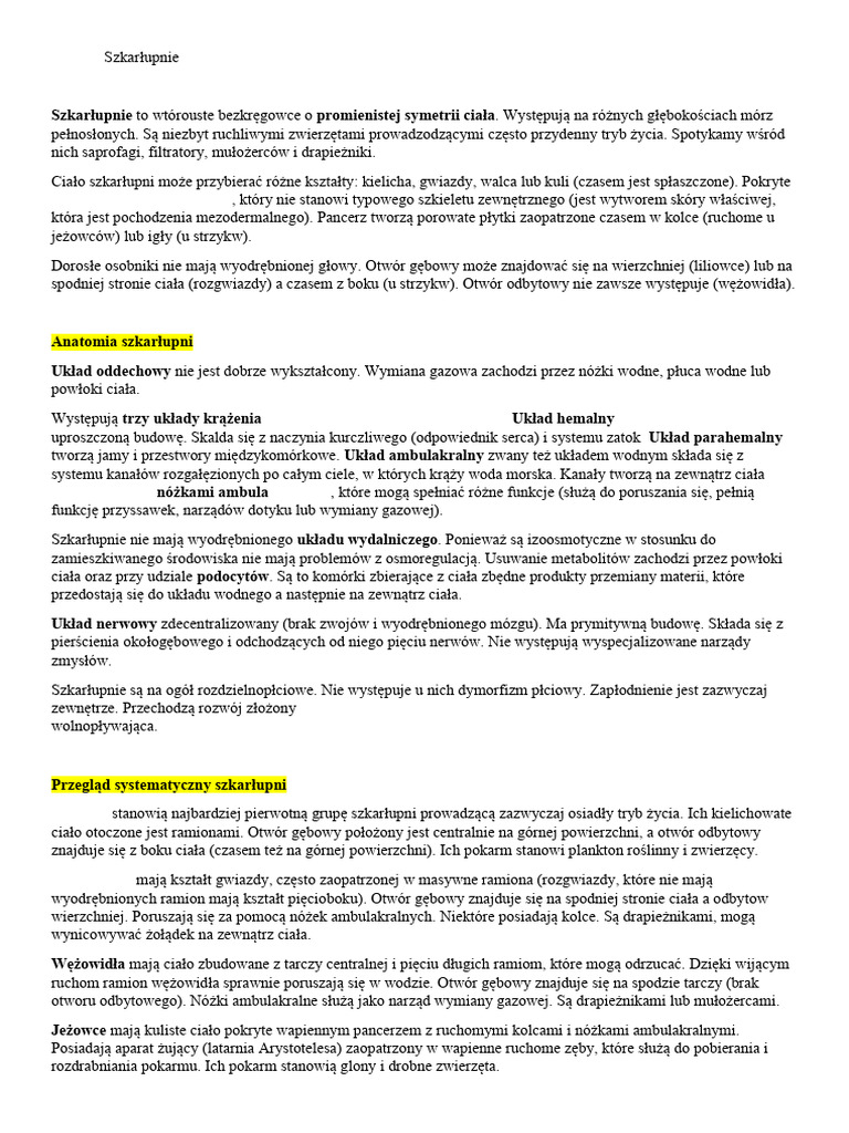 Szkarłupnie - Notatka Z Lekcji | PDF