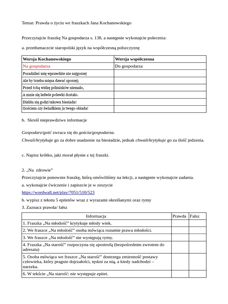 5244072fraszki - Notatka Z Lekcji | PDF