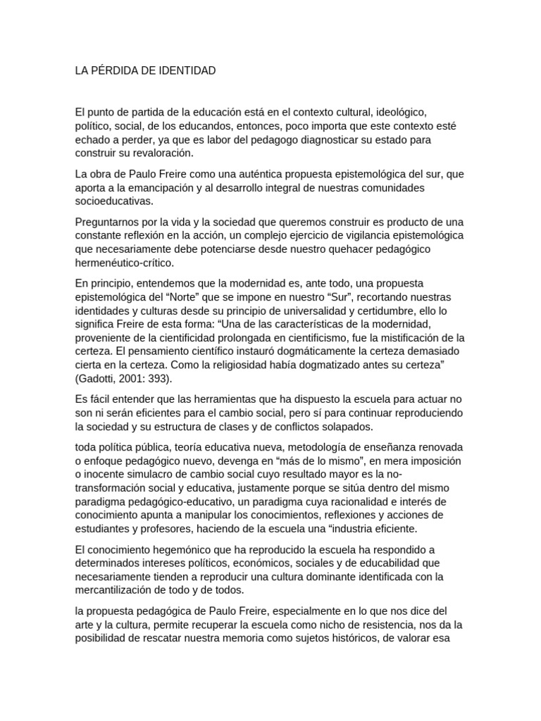 La Pérdida de Identidad | PDF | Conocimiento | Pedagogía