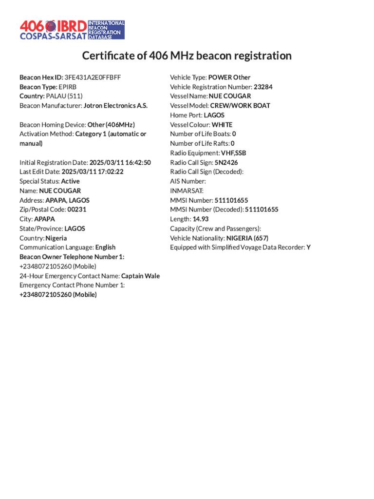 IBRD - International 406 MHZ Beacon Registration Database | PDF