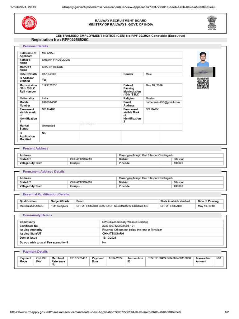 Rrbapply - Gov.in # Pscexamservice Candidate View Application Id ...