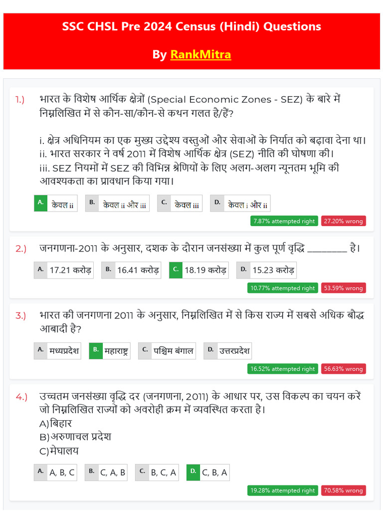 SSC CHSL Pre 2024 Census (Hindi) Questions by RankMitra | PDF