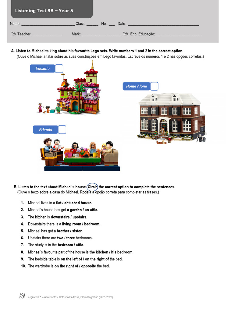 Year 5 Listening Test 3B Guide | PDF | Bedroom | Furniture