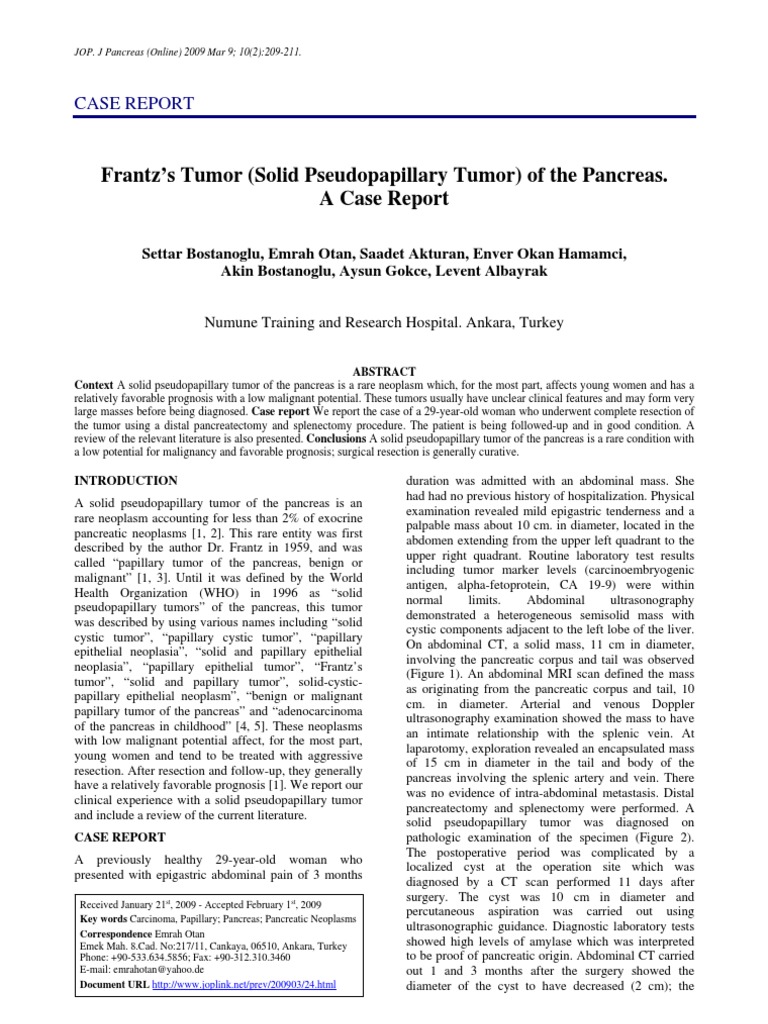 Frantz's Tumor (Solid Pseudopapillary Tumor) of The Pancreas. A Case Report | PDF | Pancreatic ...