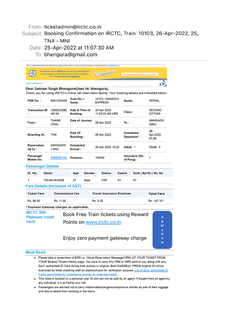 Booking Confirmation On IRCTC, Train 10103, 26-Apr-2022, 2S, TNA - MNI ...