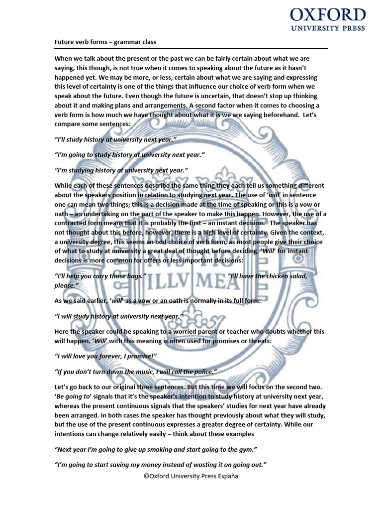 B2 Unit 5 - Future Verb Forms - Grammar Class Transcript | PDF ...