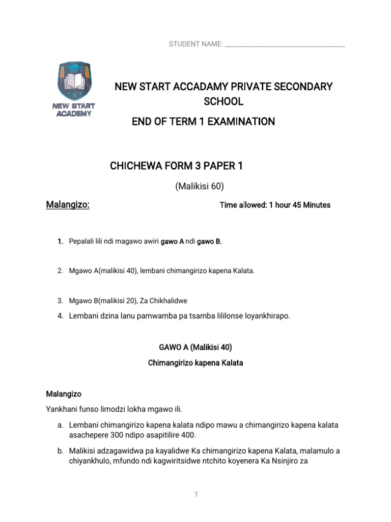 Chichewa Form 3 Paper 1 | PDF