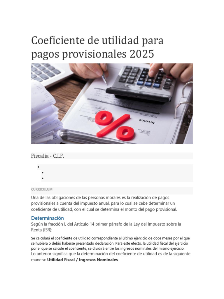 Coeficiente de Utilidad para Pagos Provisionales 2025 | PDF | Impuesto sobre la renta | Economias