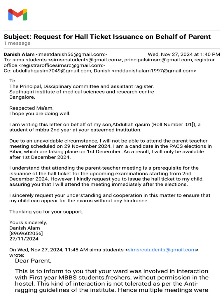 Gmail - Subject - Request For Hall Ticket Issuance On Behalf of Parent ...