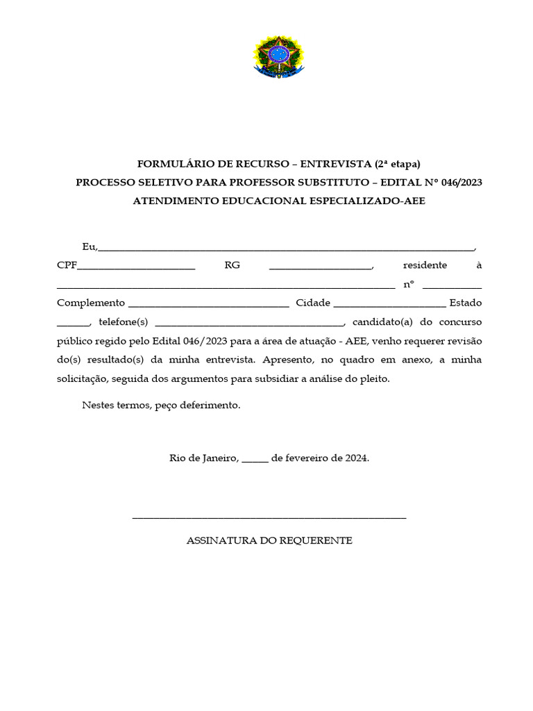 Formulario de Recurso 2 Etapa Entrevista Aee Processo Seletivo 2023 2 | PDF