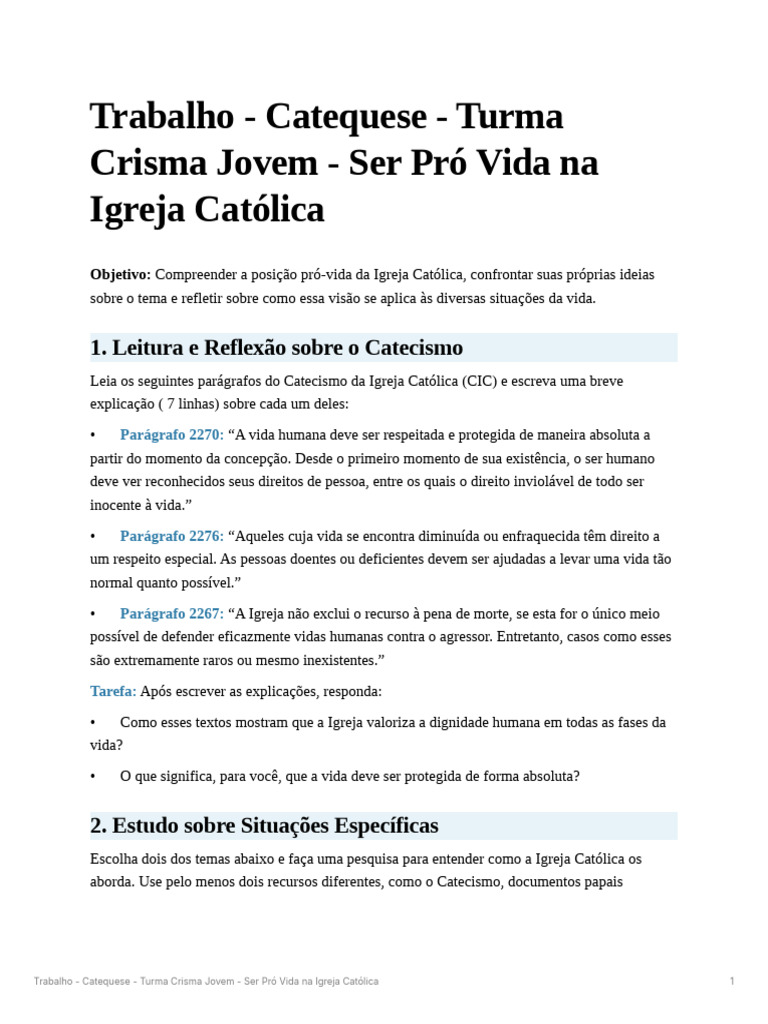 Trabalho_-_Catequese_-_Turma_Crisma_Jovem_-_Ser_Pr_Vida_na_Igreja_Catlica | PDF | Morte | Vida