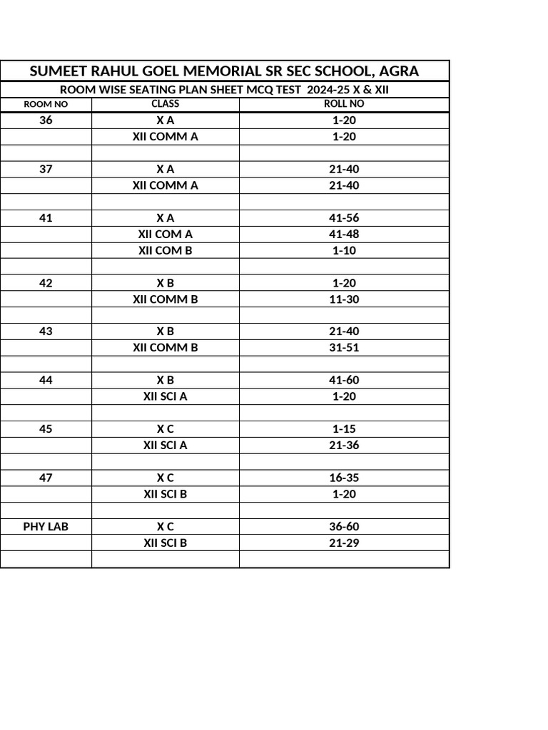 Seating Plan for MCQ Test 2024-25 | PDF