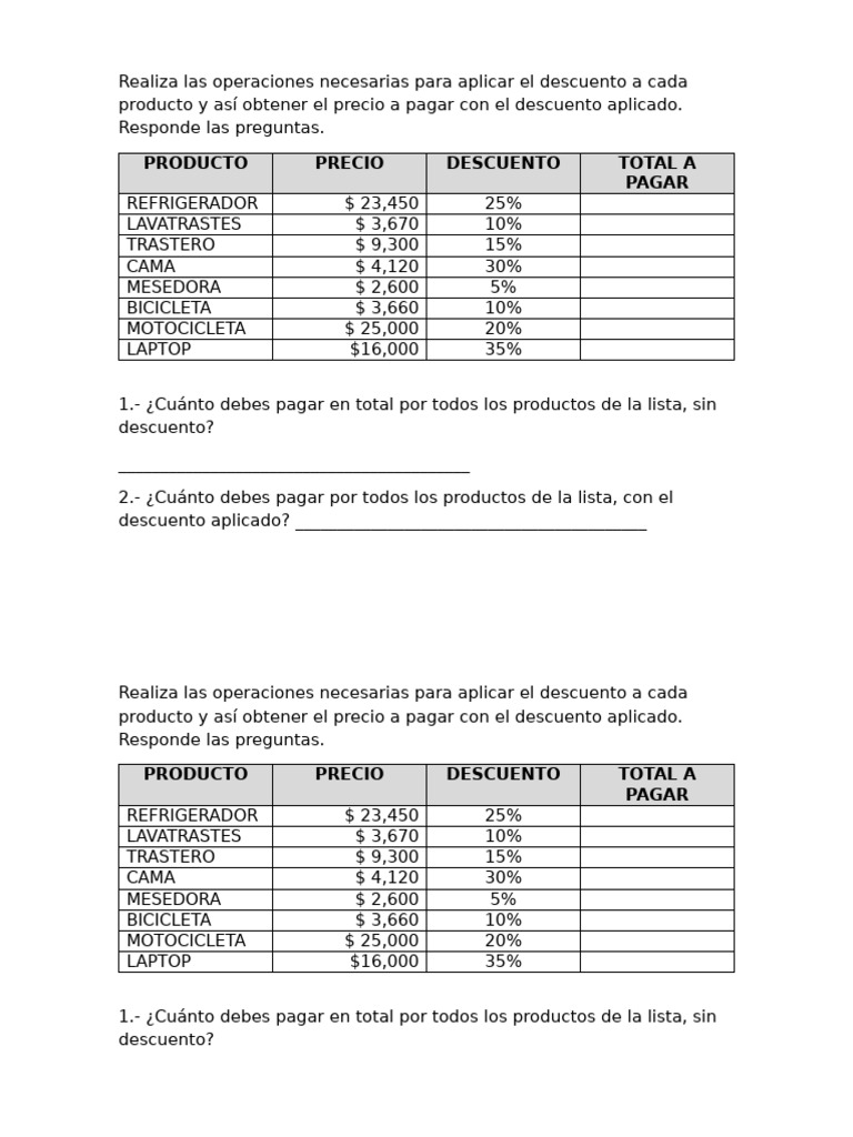 Actividad de Descuentos Tabla | PDF