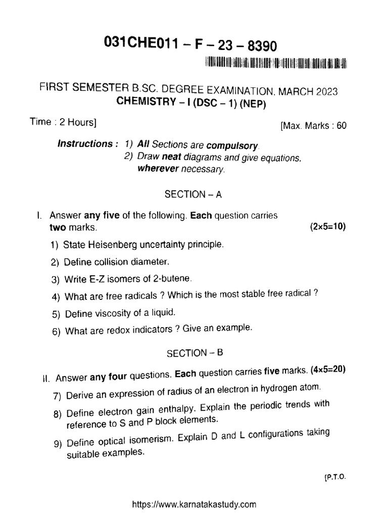 BSC 1 Sem Chemistry 1 8390 Mar 2023 | PDF
