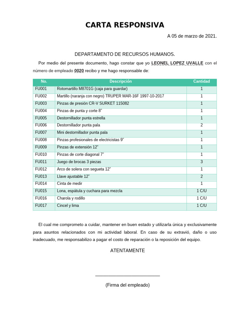 Carta Responsiva De Herramientas Laborales Pdf